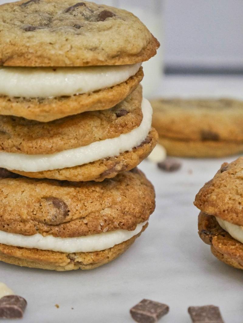 Chocolate Chip Cookie Sandwiches with Vanilla Frosting - No Fuss Kitchen