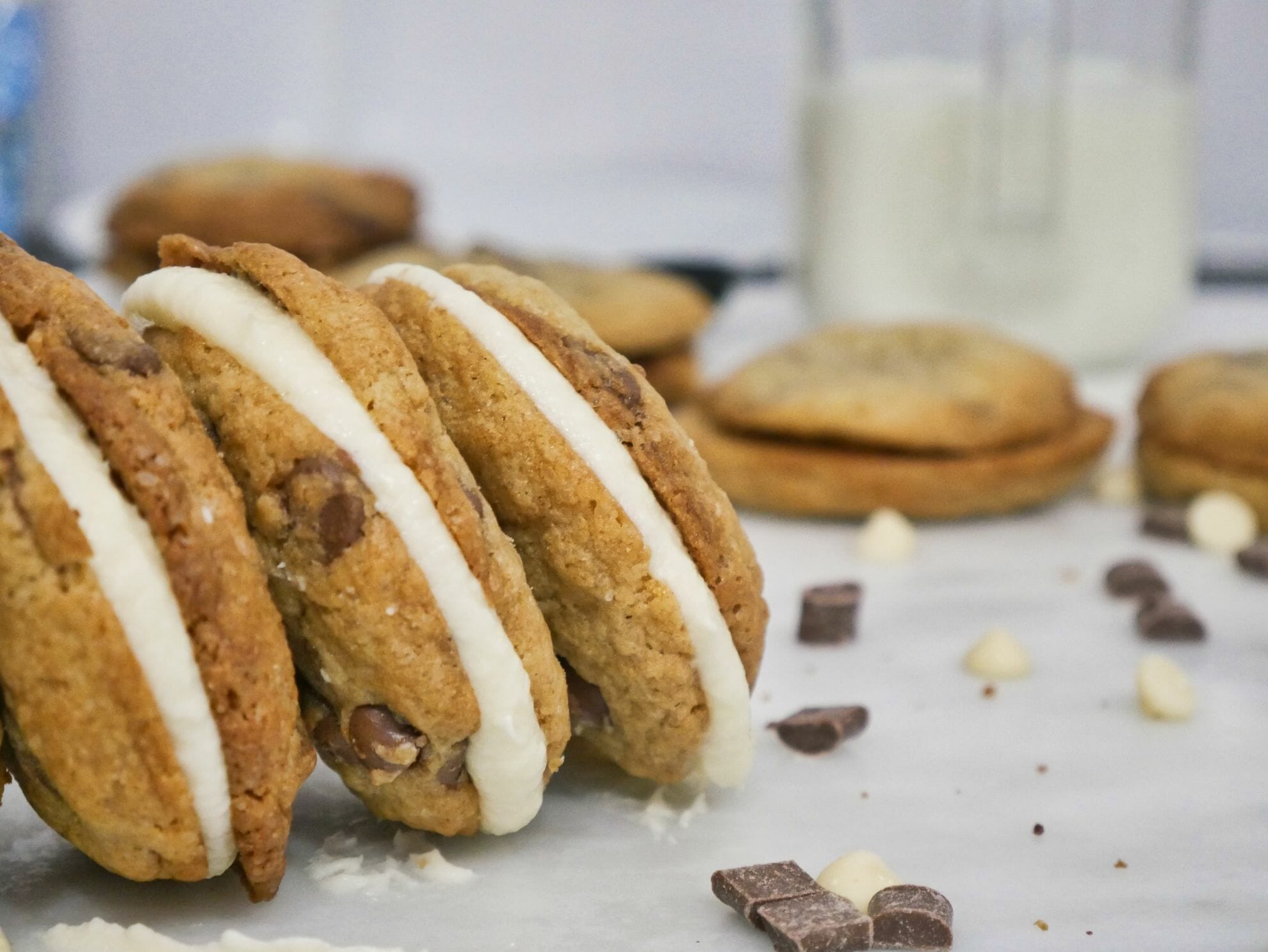 Chocolate Chip Cookie Sandwiches with Vanilla Frosting - No Fuss Kitchen